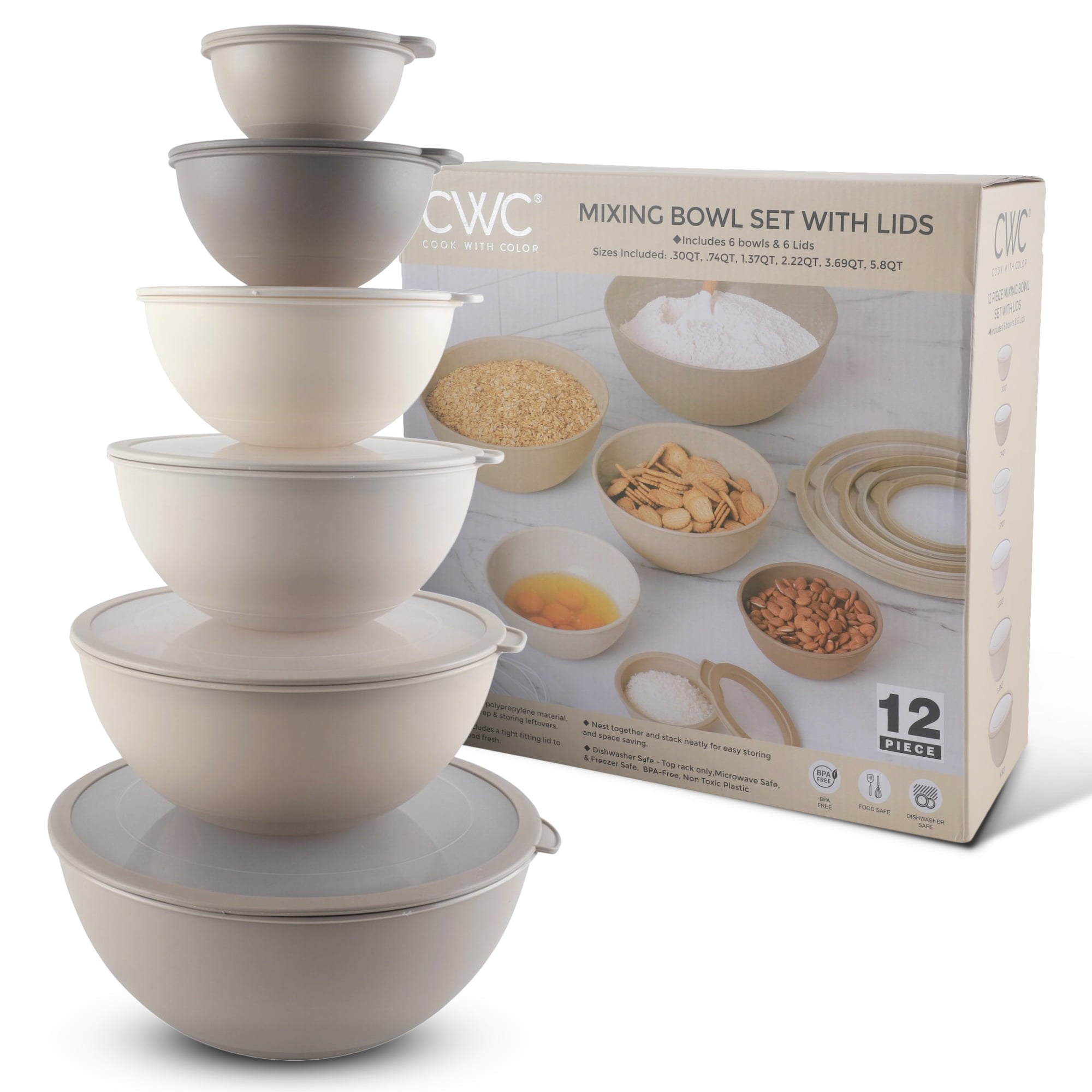 Cook with Color 12-Piece Mixing Bowl Set with Non-Slip Silicone Base a ...