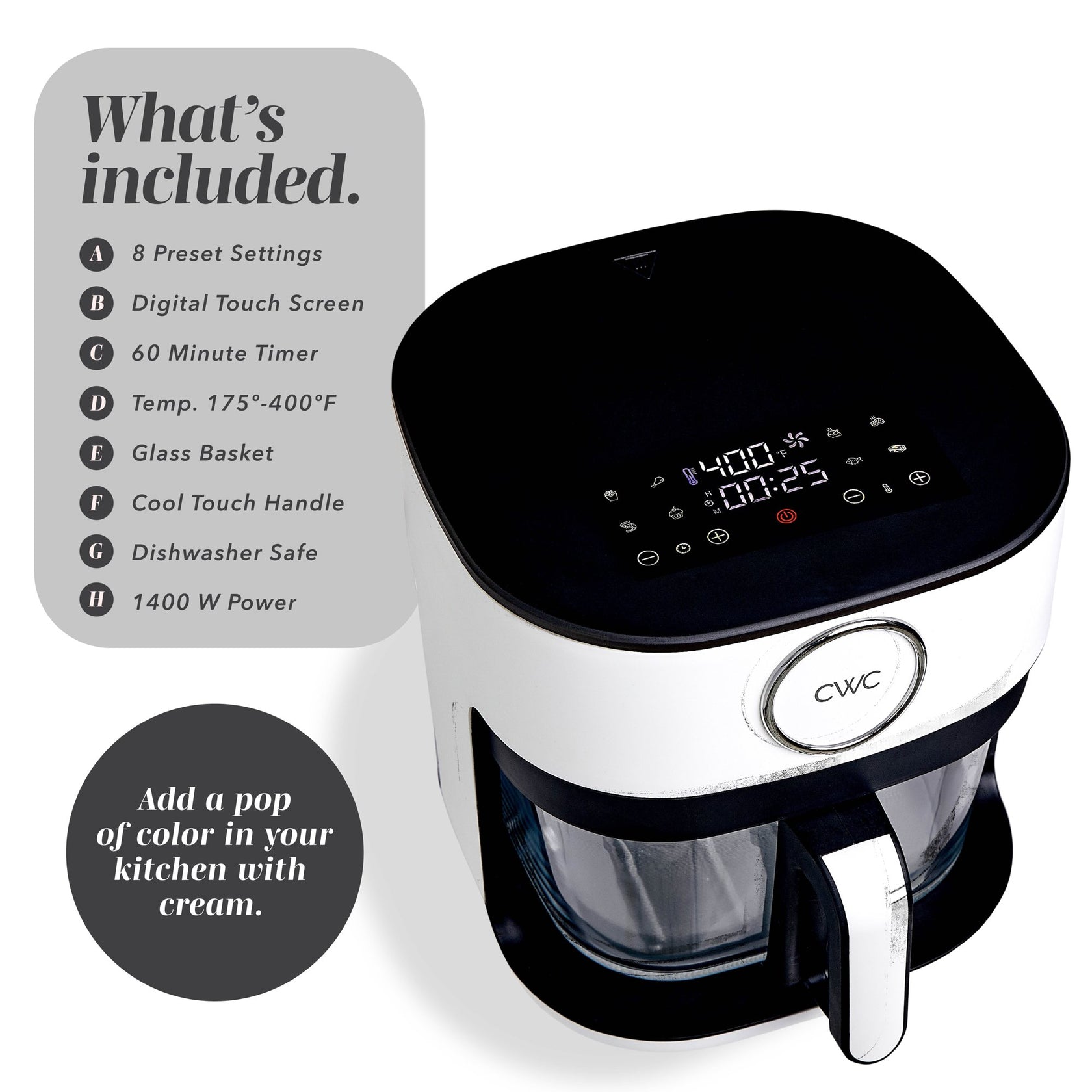 Cook with Color 1200W 4Qt-5.2Qt Air Fryer: Stylish Design, Glass Baske ...